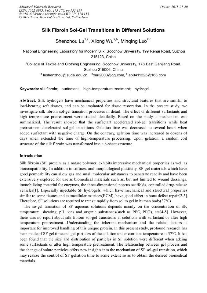 Silk Fibroin Sol-Gel Transitions in Different Solutions | Scientific.Net