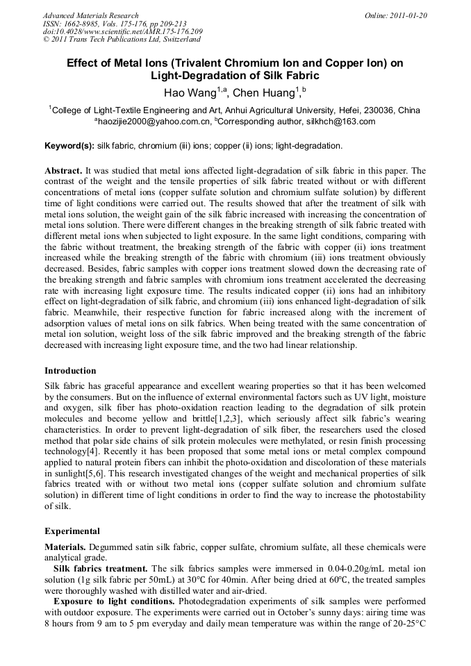 Effect of Metal Ions (Trivalent Chromium Ion and Copper Ion) on Light ...