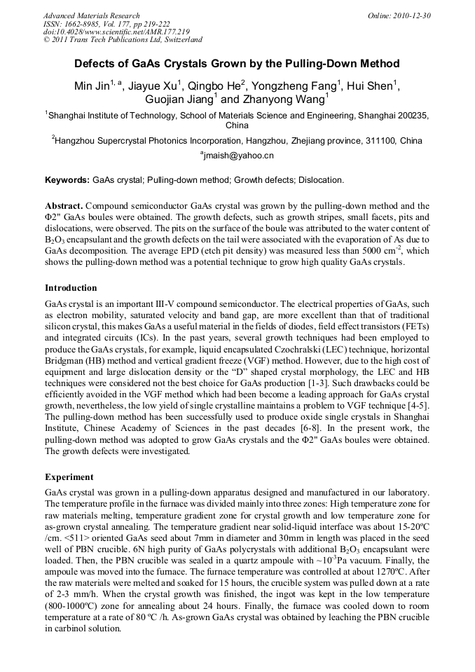 Defects of GaAs Crystals Grown by the Pulling-Down Method | Scientific.Net