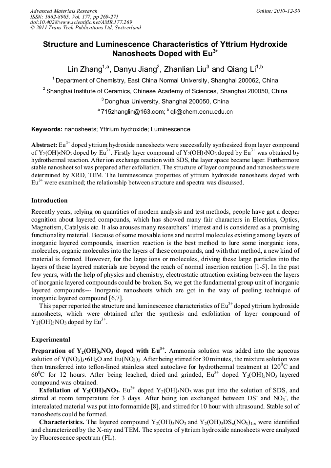 Structure and Luminescence Characteristics of Yttrium Hydroxide ...
