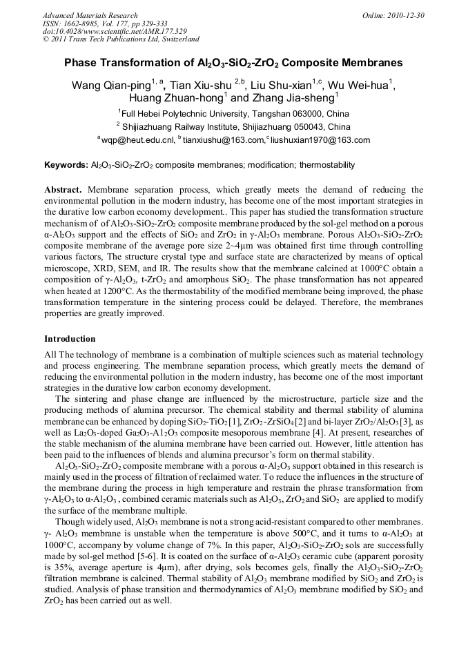 Phase Transformation of Al2O3-SiO2-ZrO2 Composite Membranes ...