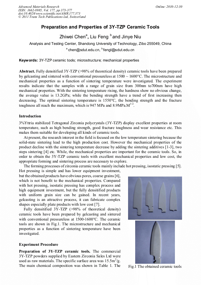 Preparation and Properties of 3Y-TZP Ceramic Tools | Scientific.Net