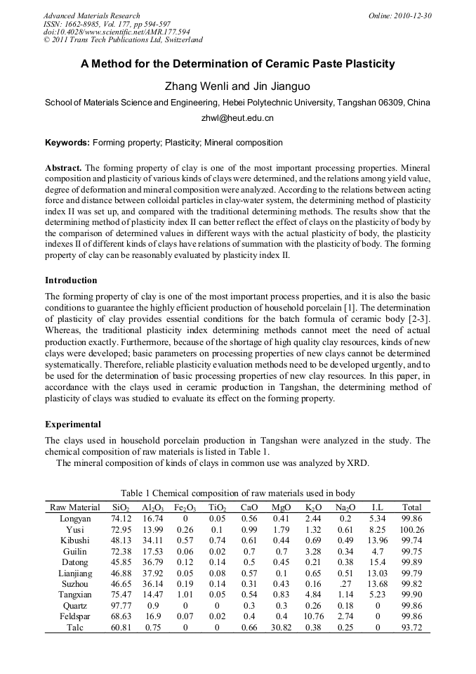 A Method for the Determination of Ceramic Paste Plasticity | Scientific.Net