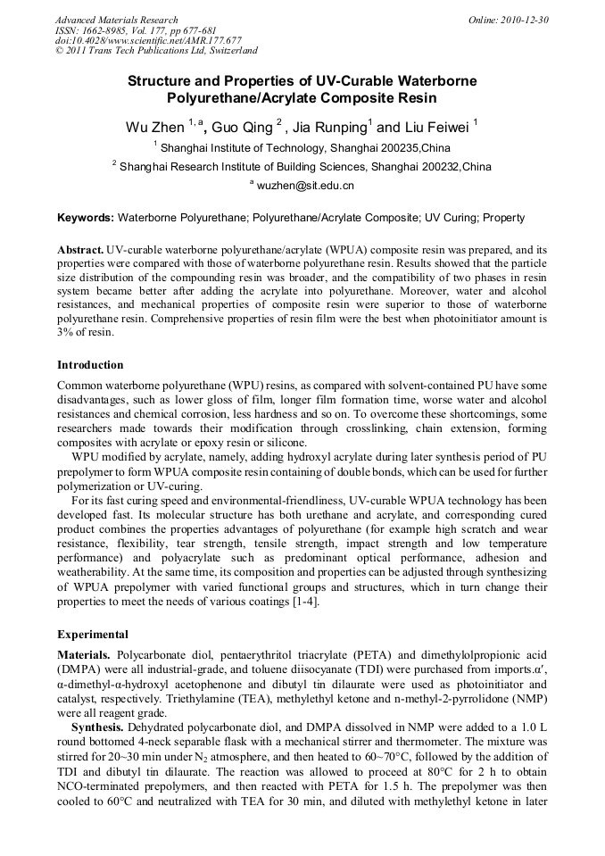 Structure and Properties of UV-Curable Waterborne Polyurethane/Acrylate ...