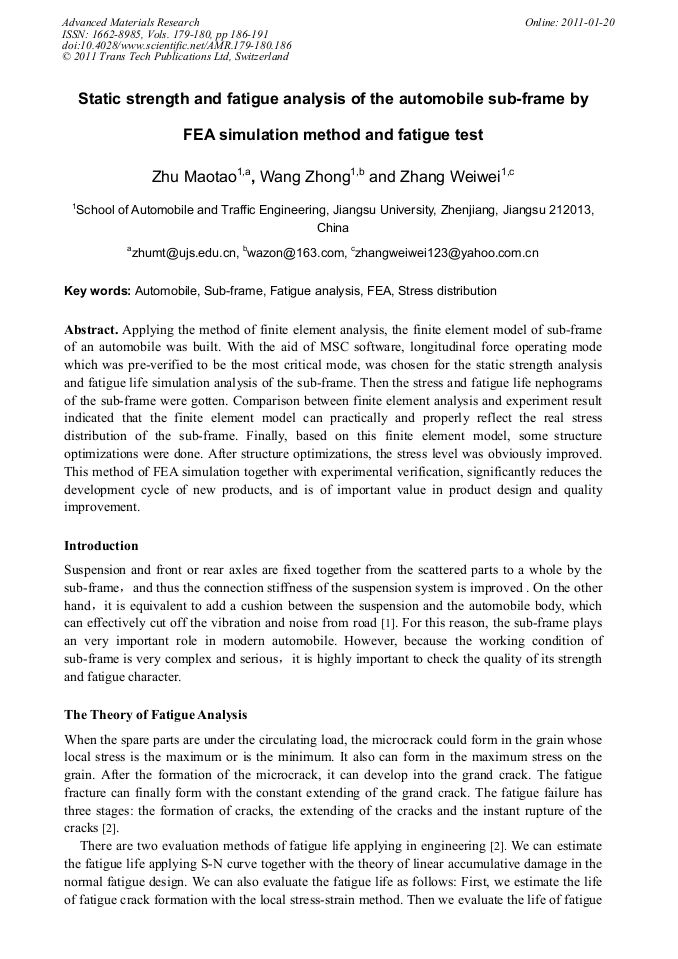 Static Strength and Fatigue Analysis of the Automobile Sub-Frame by FEA ...