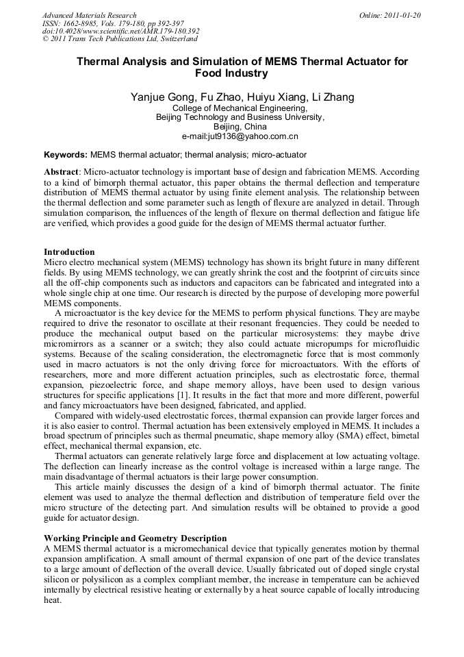 Thermal Analysis and Simulation of MEMS Thermal Actuator for Food Industry | Scientific.Net