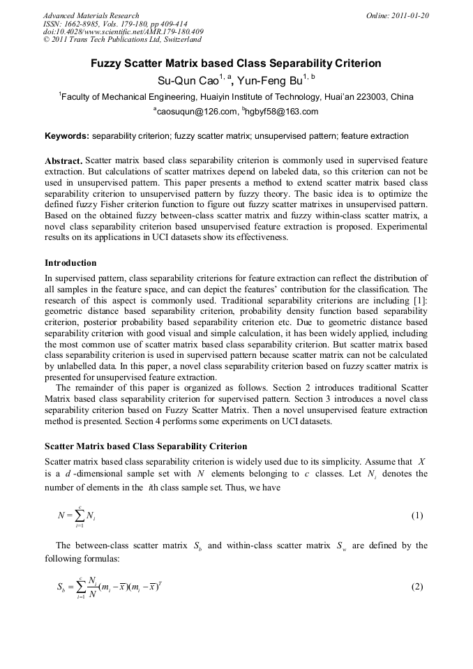 Fuzzy Scatter Matrix Based Class Separability Criterion | Scientific.Net