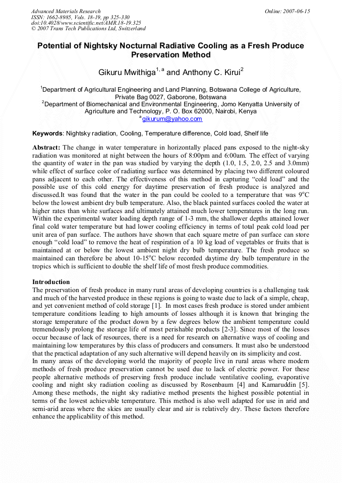 Potential of Nightsky Nocturnal Radiative Cooling as a Fresh Produce ...