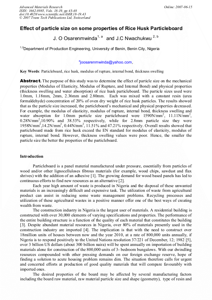 Effect of Particle Size on Some Properties of Rice Husk Particleboard ...