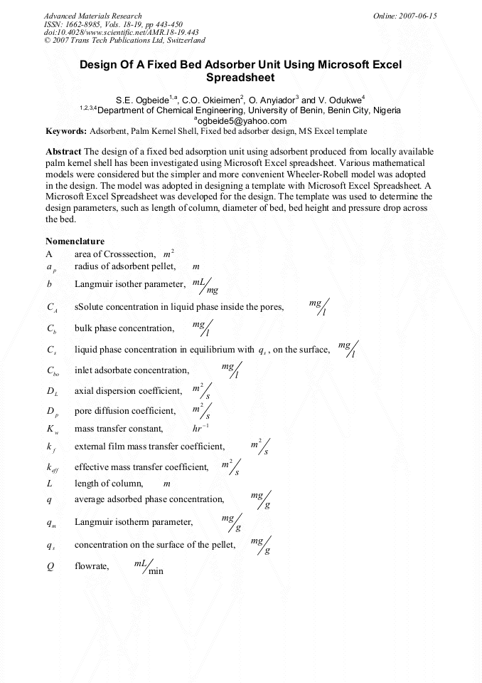 Design of a Fixed Bed Adsorber Unit Using Microsoft Excel Spreadsheet ...