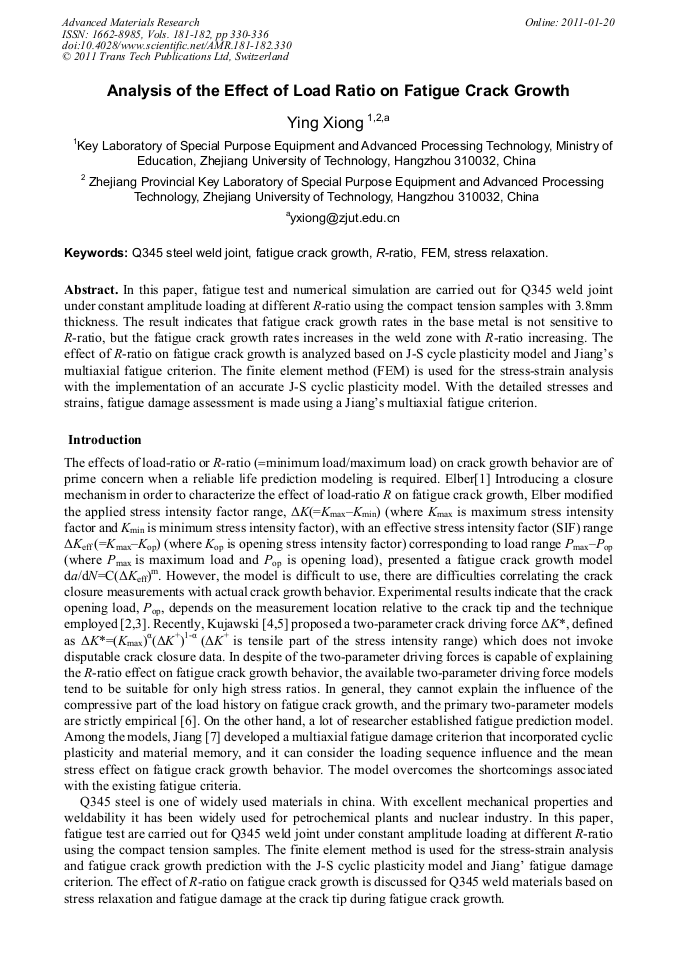 Analysis of the Effect of Load Ratio on Fatigue Crack Growth ...