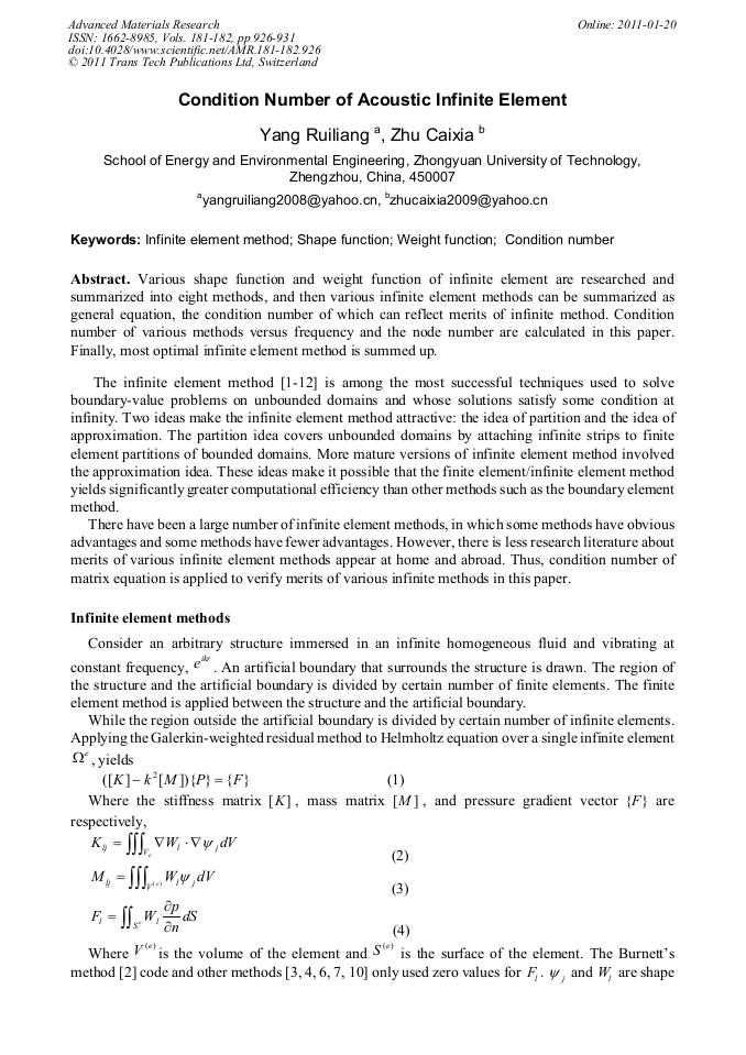 Condition Number of Acoustic Infinite Element | Scientific.Net