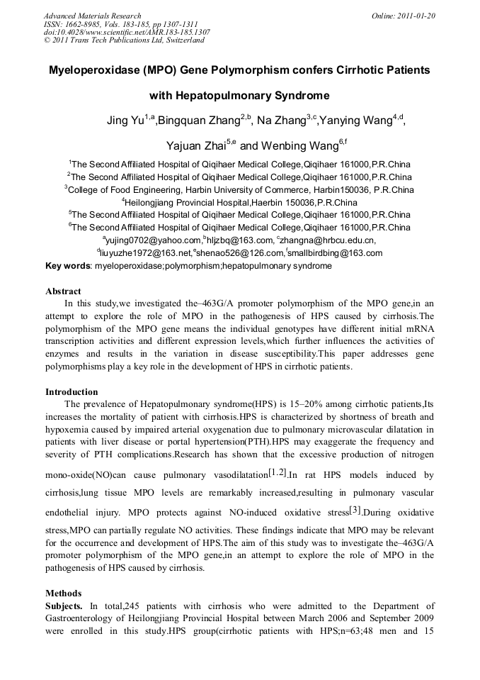 Myeloperoxidase (MPO) Gene Polymorphism Confers Cirrhotic Patients with ...