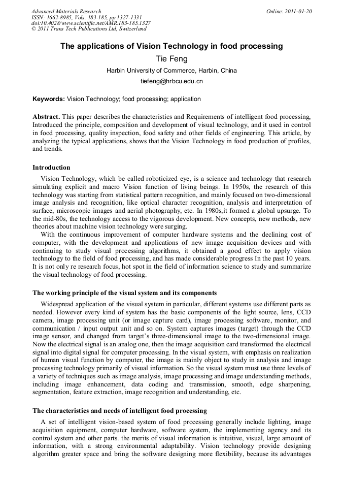 The Applications of Vision Technology in Food Processing | Scientific.Net