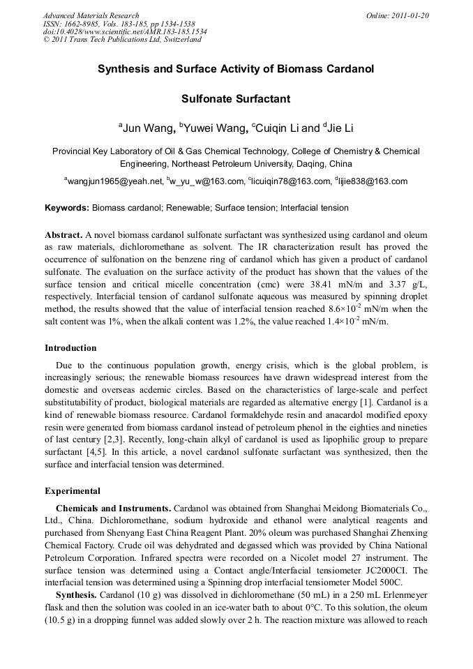 Synthesis and Surface Activity of Biomass Cardanol Sulfonate Surfactant ...