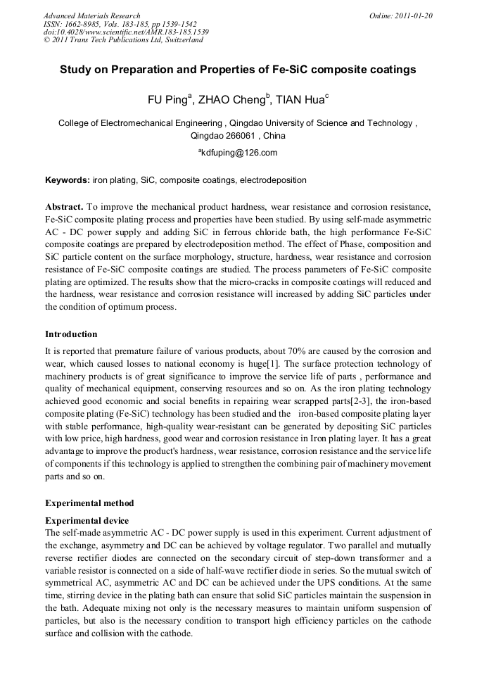 Study on Preparation and Properties of Fe-SiC Composite Coatings ...