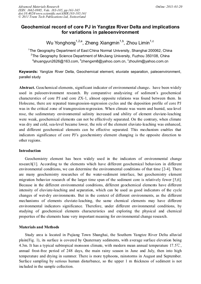 Geochemical Record of Core PJ in Yangtze River Delta and Implications ...