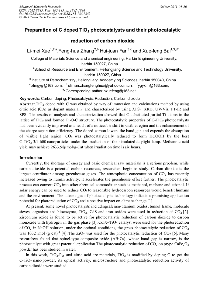 Preparation of C Doped TiO2 Photocatalysts and their Photocatalytic ...