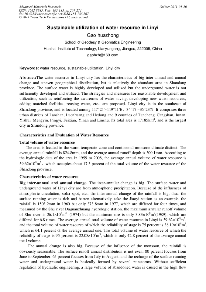 Sustainable Utilization of Water Resource in Linyi | Scientific.Net
