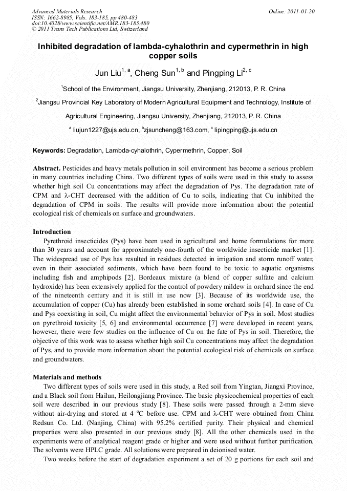 Inhibited Degradation of Lambda-Cyhalothrin and Cypermethrin in High ...
