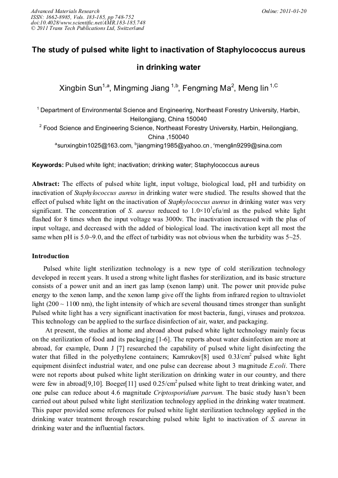 The Study of Pulsed White Light to Inactivation of Staphylococcus ...