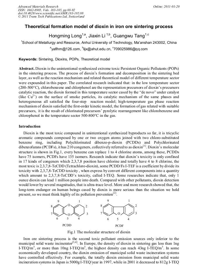 Theoretical Formation Model of Dioxin in Iron Ore Sintering Process ...