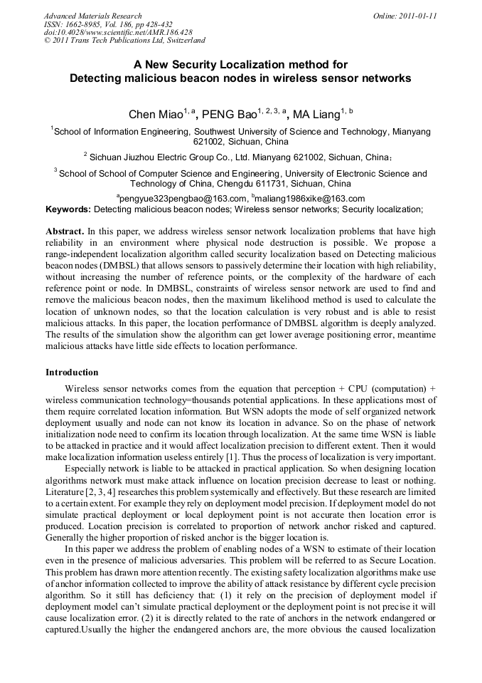 A New Security Localization Method for Detecting Malicious Beacon Nodes in Wireless Sensor ...