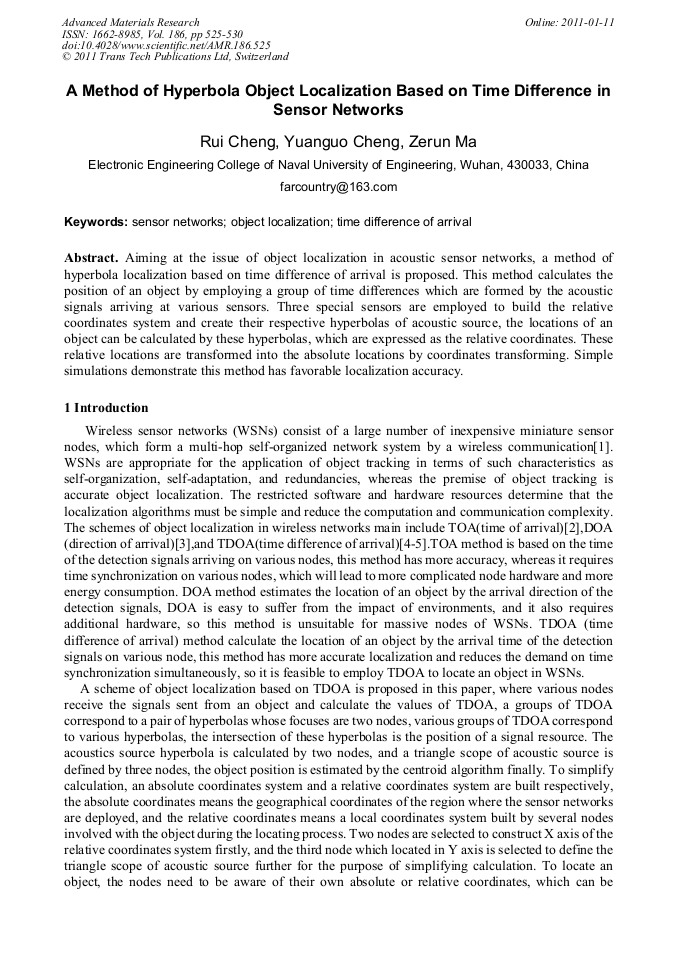 A Method of Hyperbola Object Localization Based on Time Difference in ...