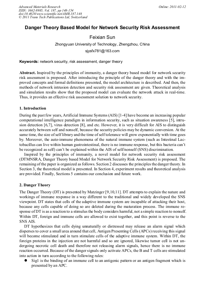 Danger Theory Based Model for Network Security Risk Assessment ...