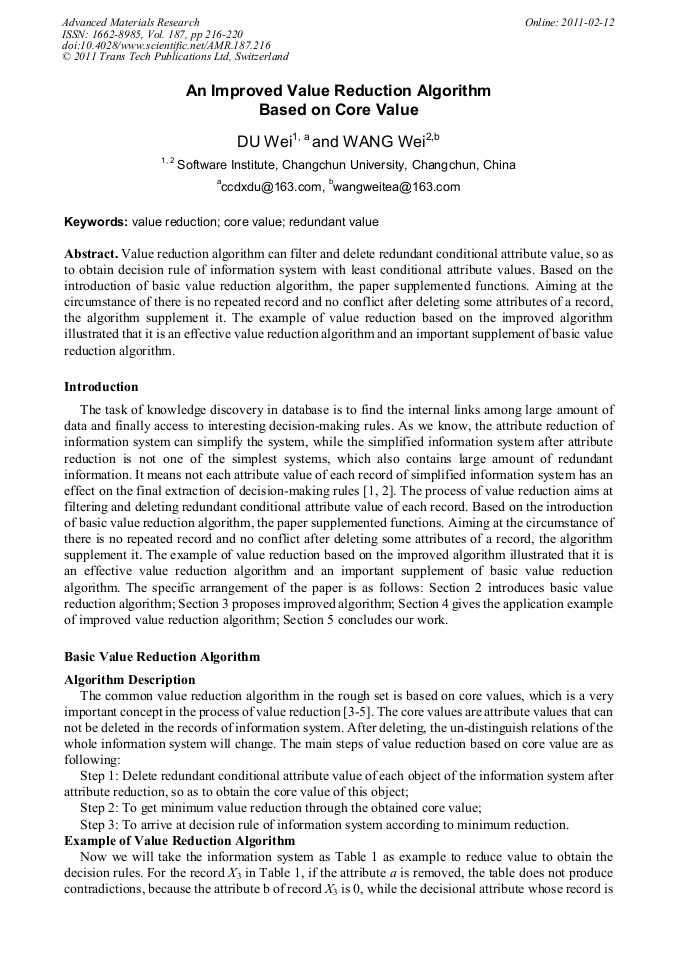 An Improved Value Reduction Algorithm Based on Core Value | Scientific.Net