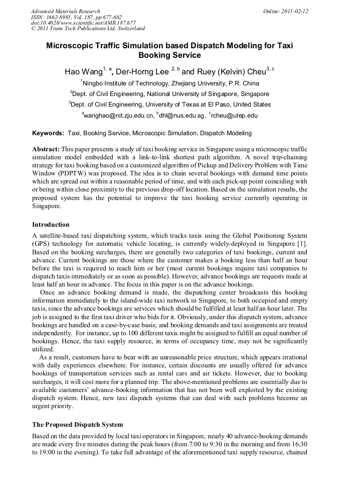 Microscopic Traffic Simulation Based Dispatch Modeling for Taxi Booking ...
