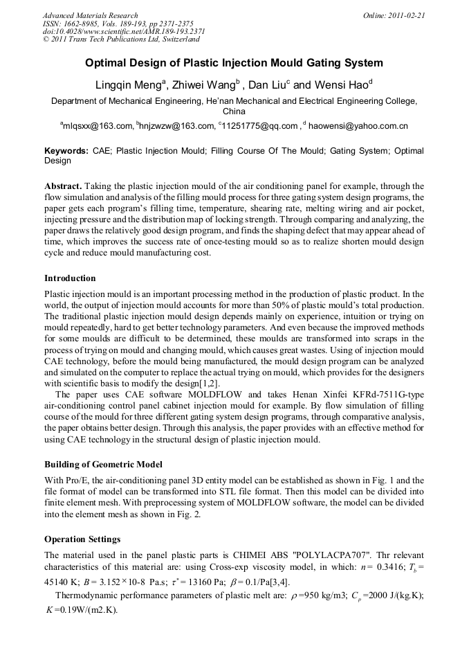 Optimal Design of Plastic Injection Mould Gating System | Scientific.Net