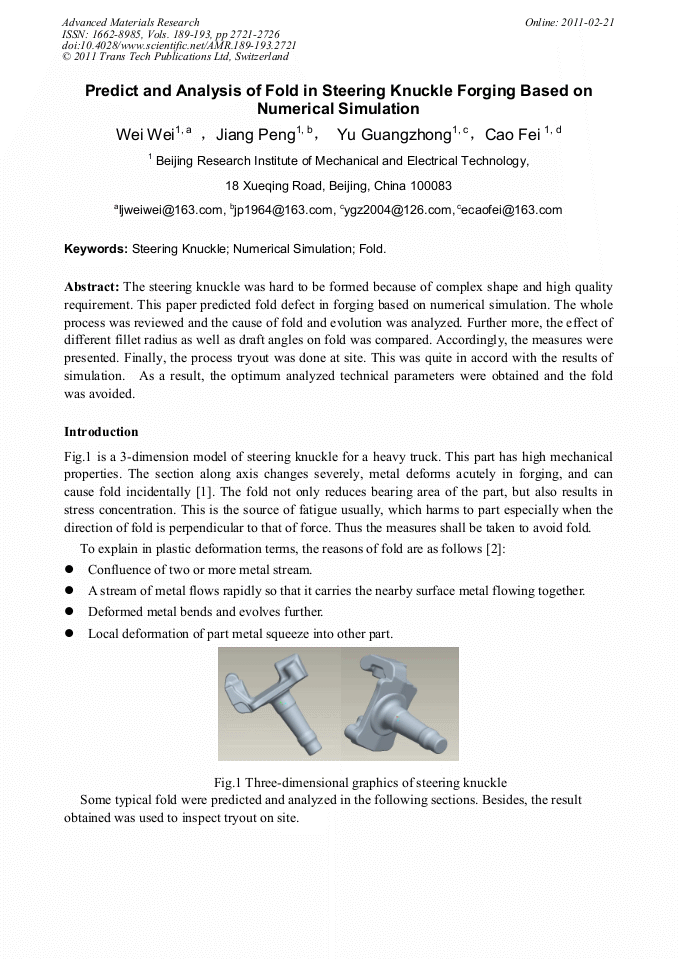 Predict and Analysis of Fold in Steering Knuckle Forging Based on ...