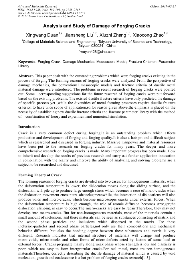 Analysis and Study of Damage of Forging Cracks | Scientific.Net