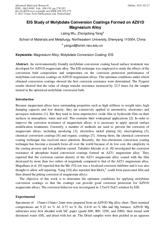 EIS Study of Molybdate Conversion Coatings Formed on AZ91D Magnesium ...