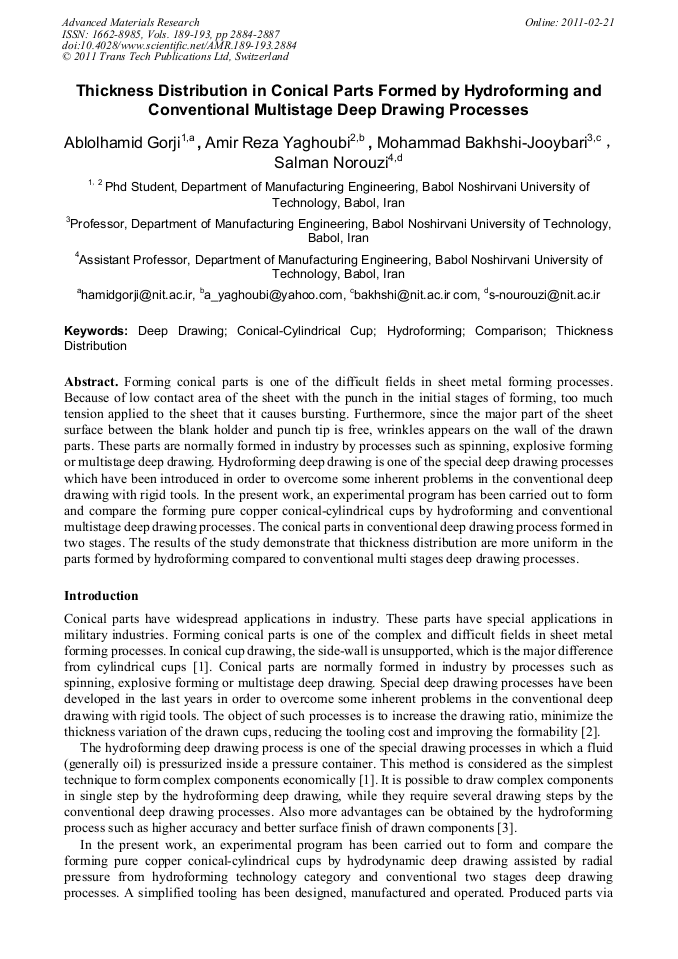 Thickness Distribution in Conical Parts Formed by Hydroforming and ...
