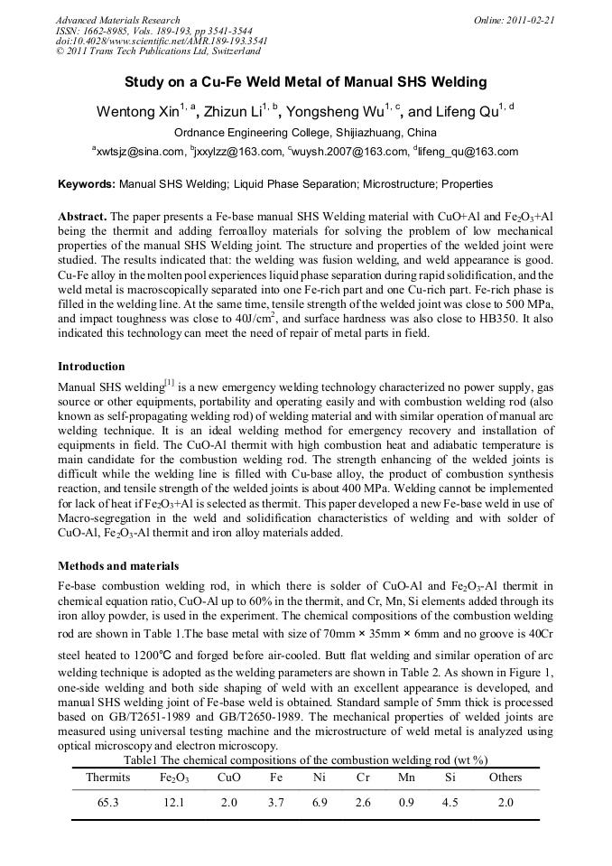 Study on a Cu-Fe Weld Metal of Manual SHS Welding | Scientific.Net