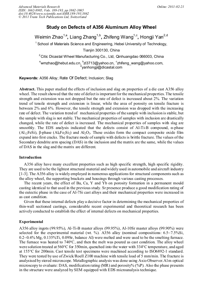 Study on Defects of A356 Aluminum Alloy Wheel | Scientific.Net