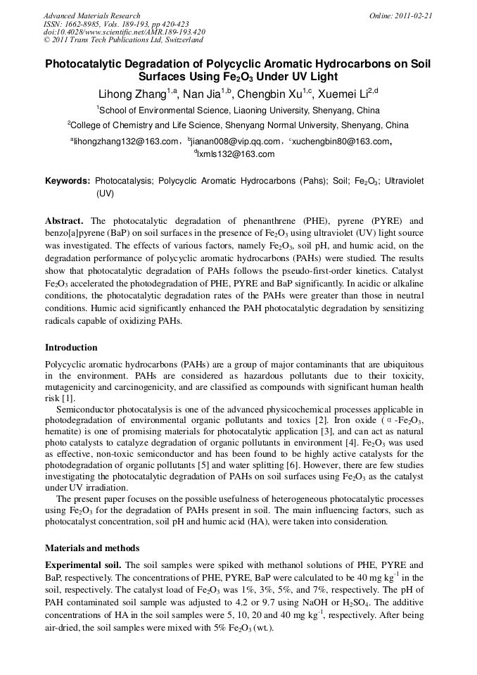 Photocatalytic Degradation of Polycyclic Aromatic Hydrocarbons on Soil ...