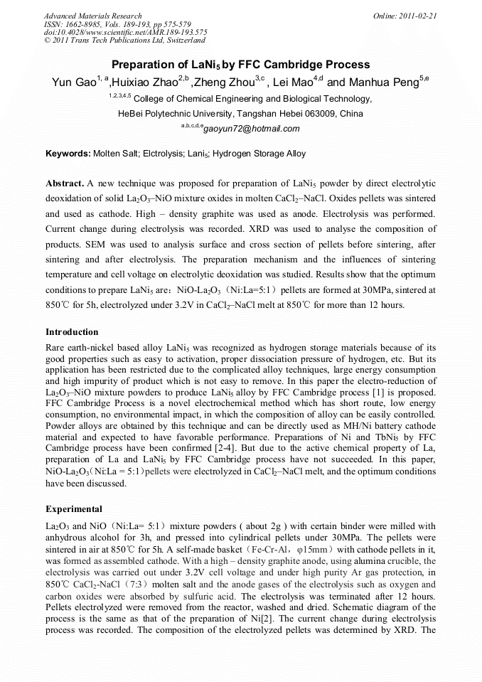 Preparation of LaNi5 by FFC Cambridge Process | Scientific.Net