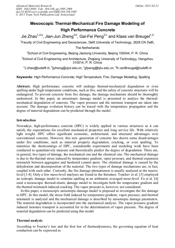 Mesoscopic Thermal-Mechanical Fire Damage Modeling of High Performance Concrete | Scientific.Net