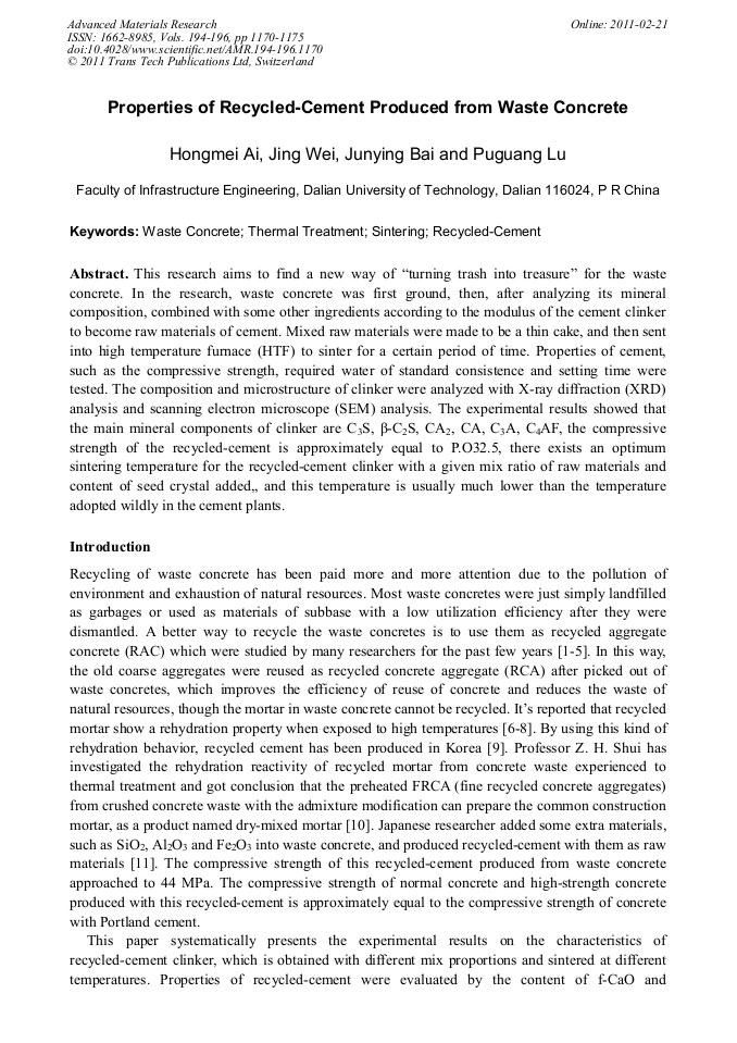 Properties of Recycled-Cement Produced from Waste Concrete | Scientific.Net
