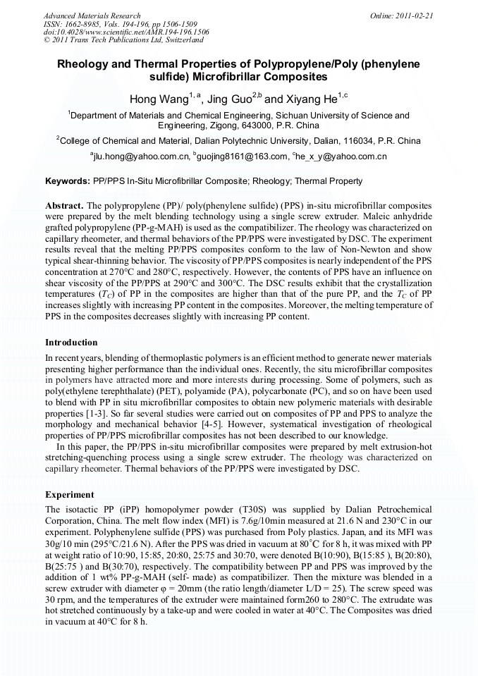 Rheology and Thermal Properties of Polypropylene/Poly(phenylene Sulfide ...