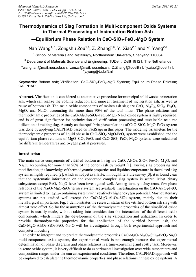 Thermodynamics of Slag Formation in Multi-Component Oxide Systems in ...