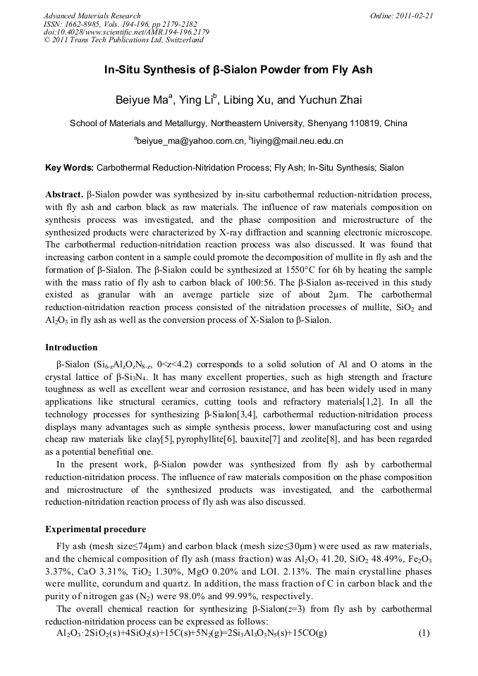 In Situ Synthesis of β-Sialon Powder from Fly Ash | Scientific.Net