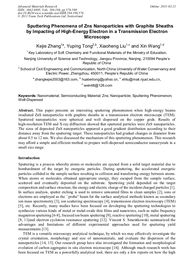 Sputtering Phenomena of ZnS Nanoparticles with Graphite Sheaths by ...