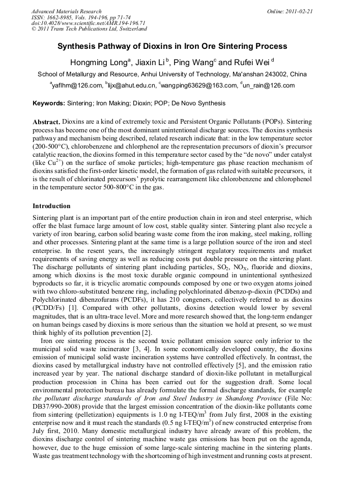 Synthesis Pathway of Dioxins in Iron Ore Sintering Process | Scientific.Net