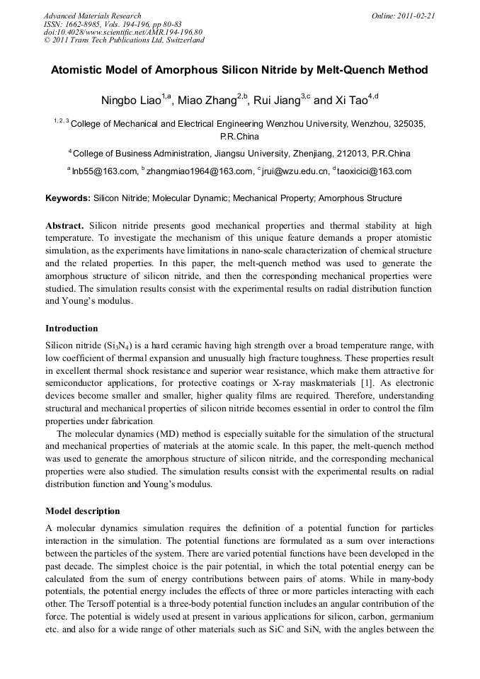 Atomistic Model of Amorphous Silicon Nitride by Melt-Quench Method ...