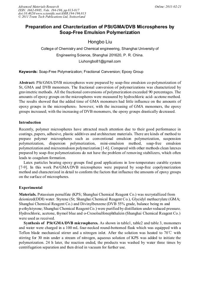 Preparation and Charcterisation of PSt/GMA/DVB Microspheres by Soap ...