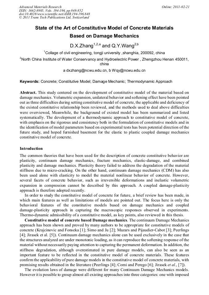 State of the Art of Constitutive Model of Concrete Materials Based on ...
